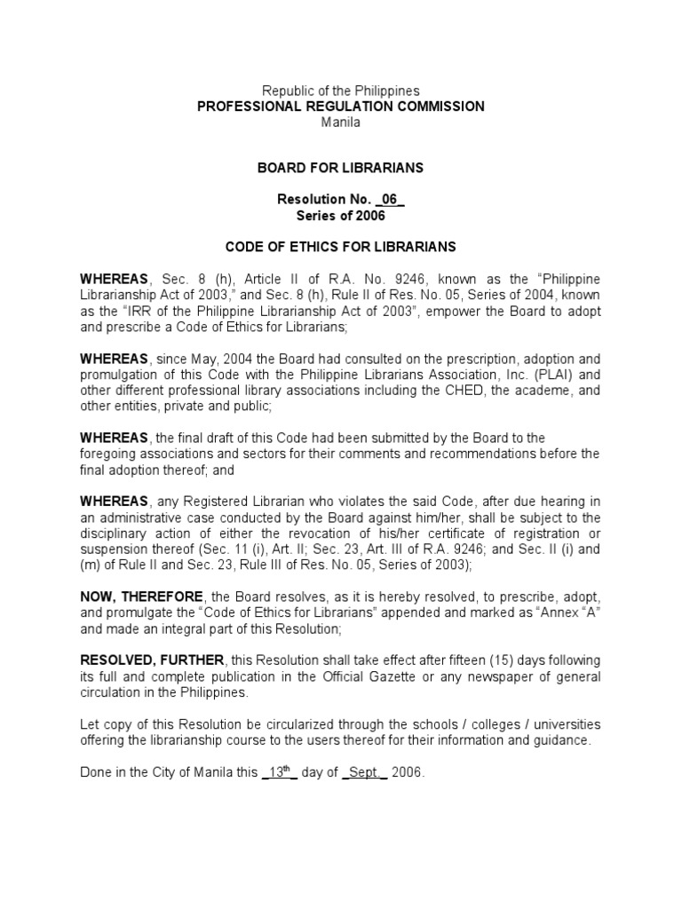 Code of Ethics For Philippine Librarians | PDF | Profession | Librarian
