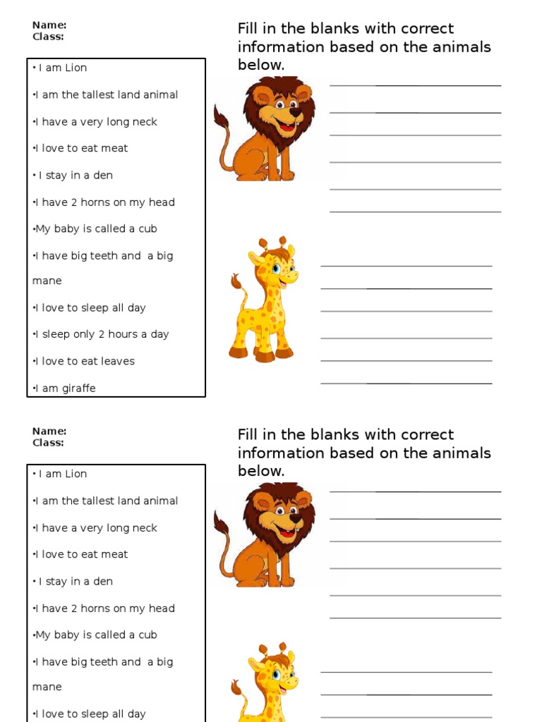 Reading Worksheet | PDF | Giraffe | Lion