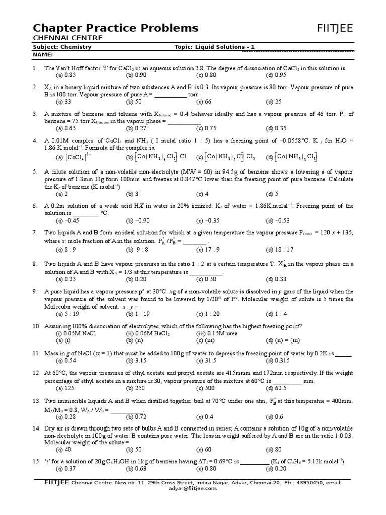 Liquid Solutions - 1: Chapter Practice Problems and Answer Key on ...
