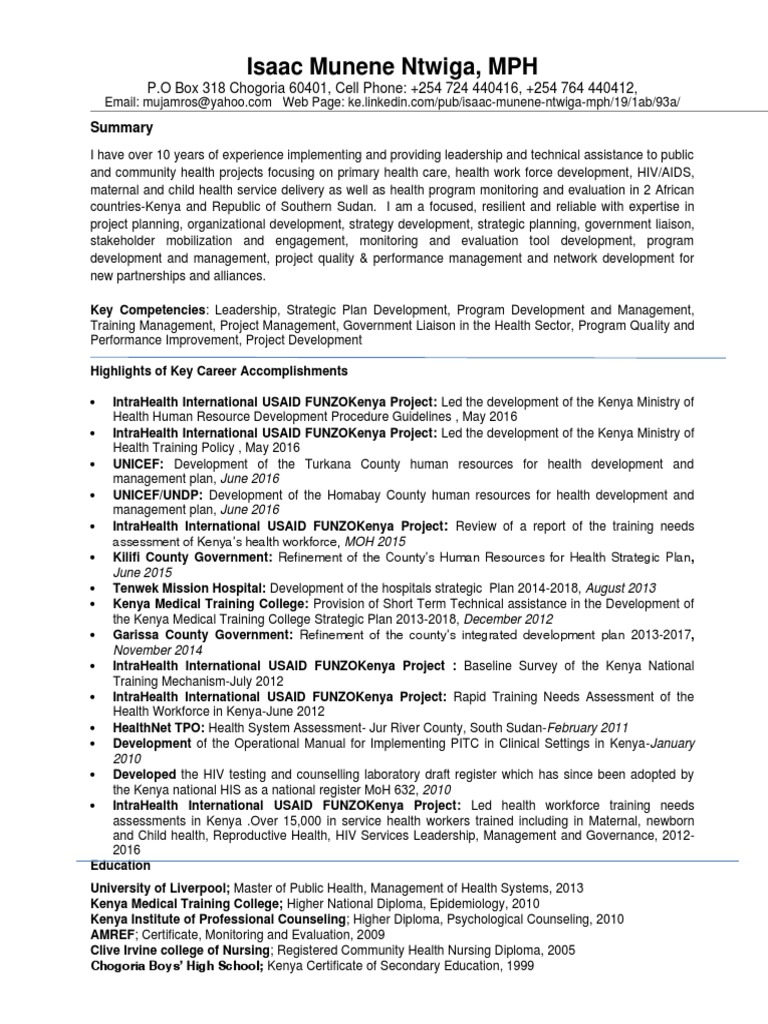 Isaac MuneneNtwiga, MPH CV | PDF | Health Human Resources | Capacity ...