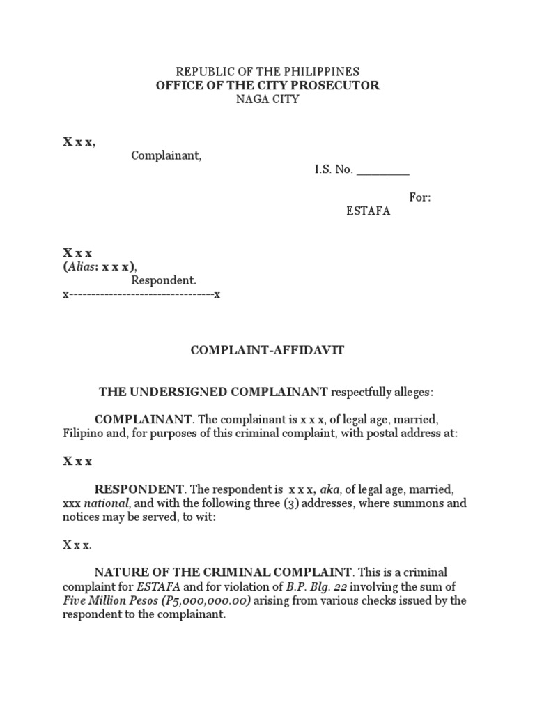 Complaint Affidavit For Estafa | PDF | Fraud | Cheque