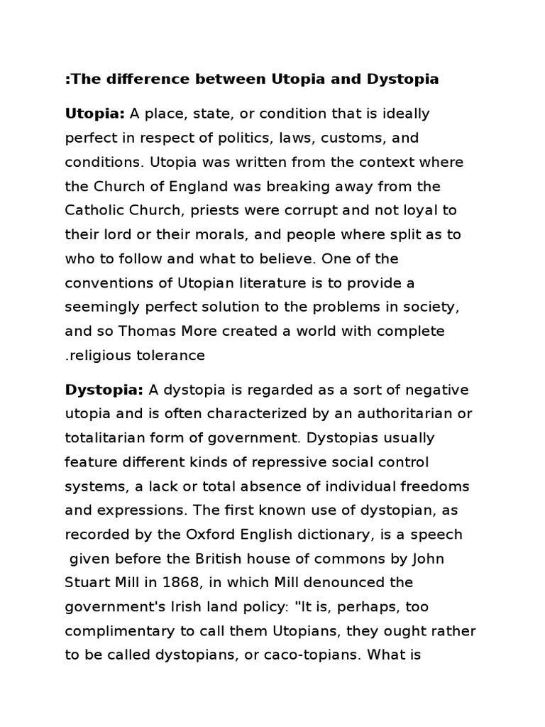The Difference Between Utopia and Dystopia | PDF | Dystopia | Utopian ...