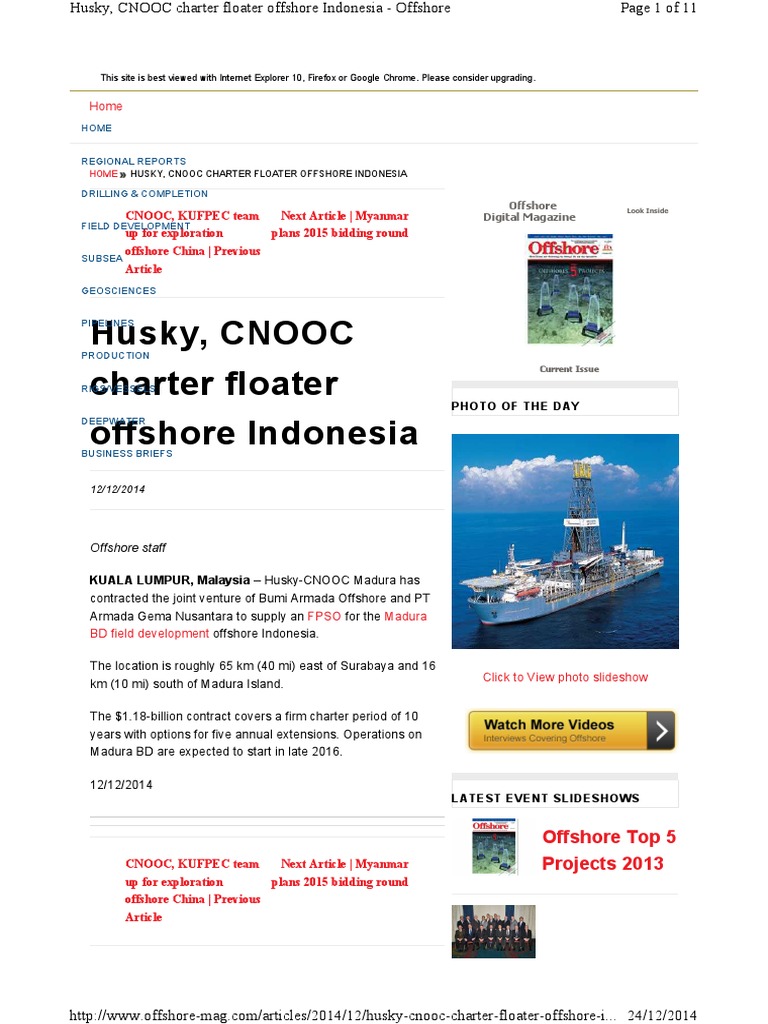 Husky, CNOOC Charter Floater Offshore Indonesia | PDF | Offshore ...
