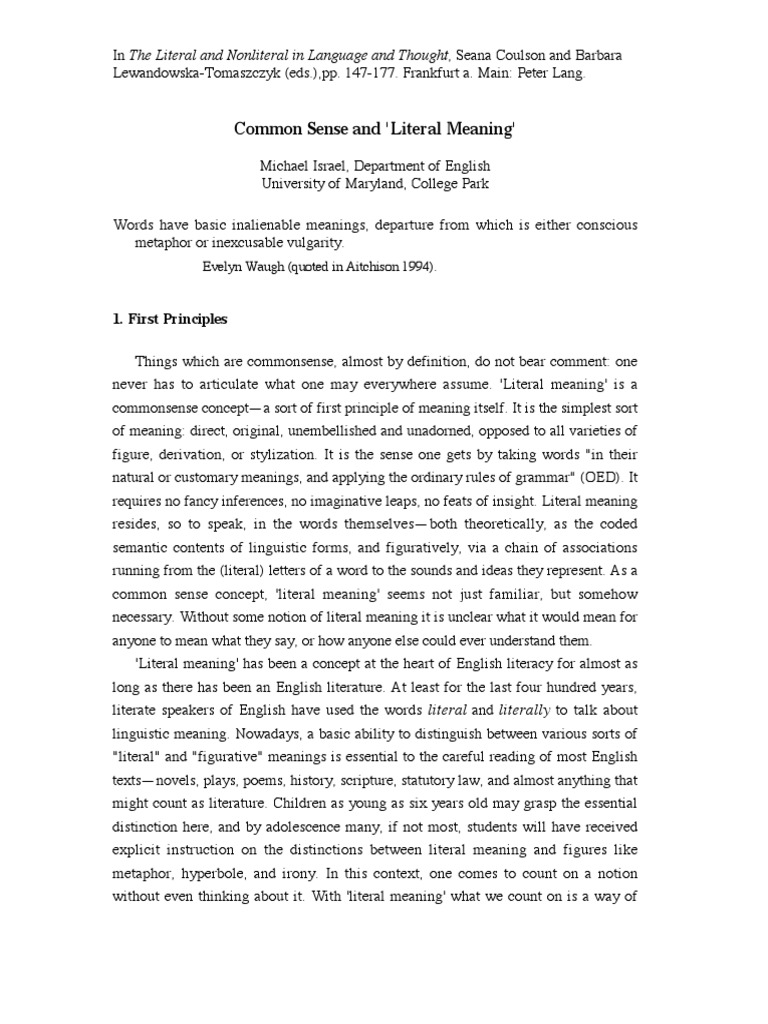 Common Sense and 'Literal Meaning': Tracing the Historical Development ...