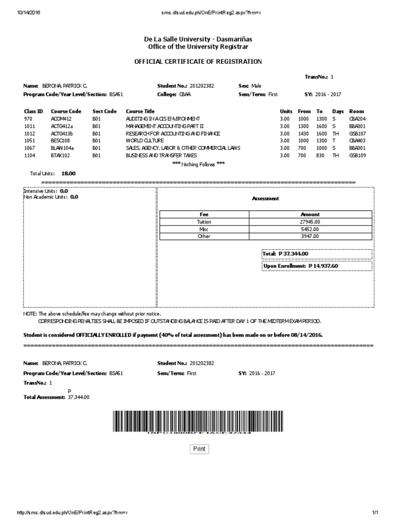 De La Salle University Dasmariñas Office of The University Registrar ...
