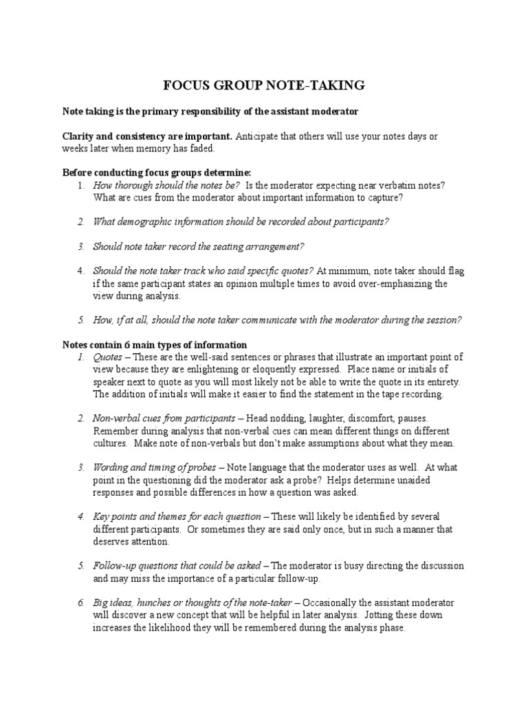 Note Taking | PDF | Nonverbal Communication | Focus Group