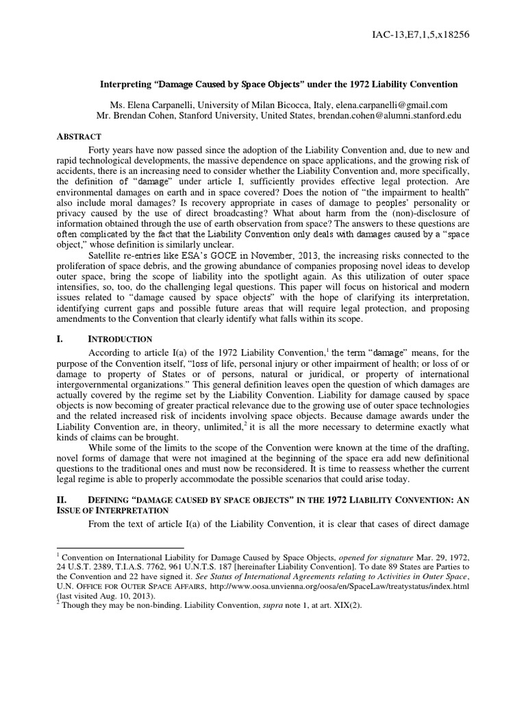 Interpreting "Damage Caused by Space Objects" Under The 1972 Liability Convention Died Eriks ...