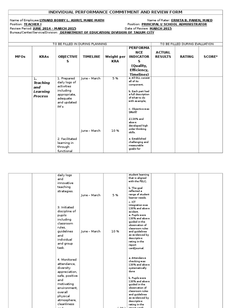 Teacher Performance Review Form 2014-2015 | PDF | Educational ...