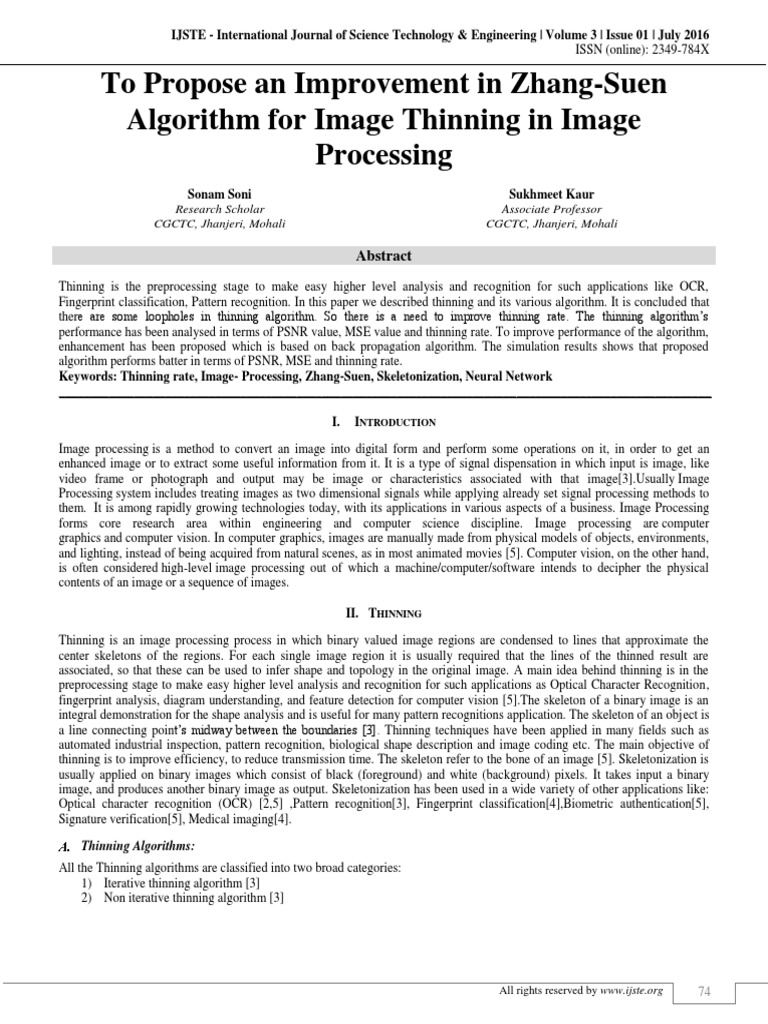 To Propose An Improvement in Zhang-Suen Algorithm For Image Thinning in Image Processing | PDF ...