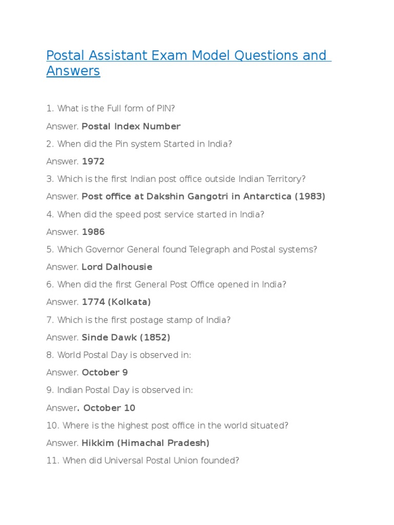 Postal Assistant Exam Model Questions and Answers | PDF | Freight ...