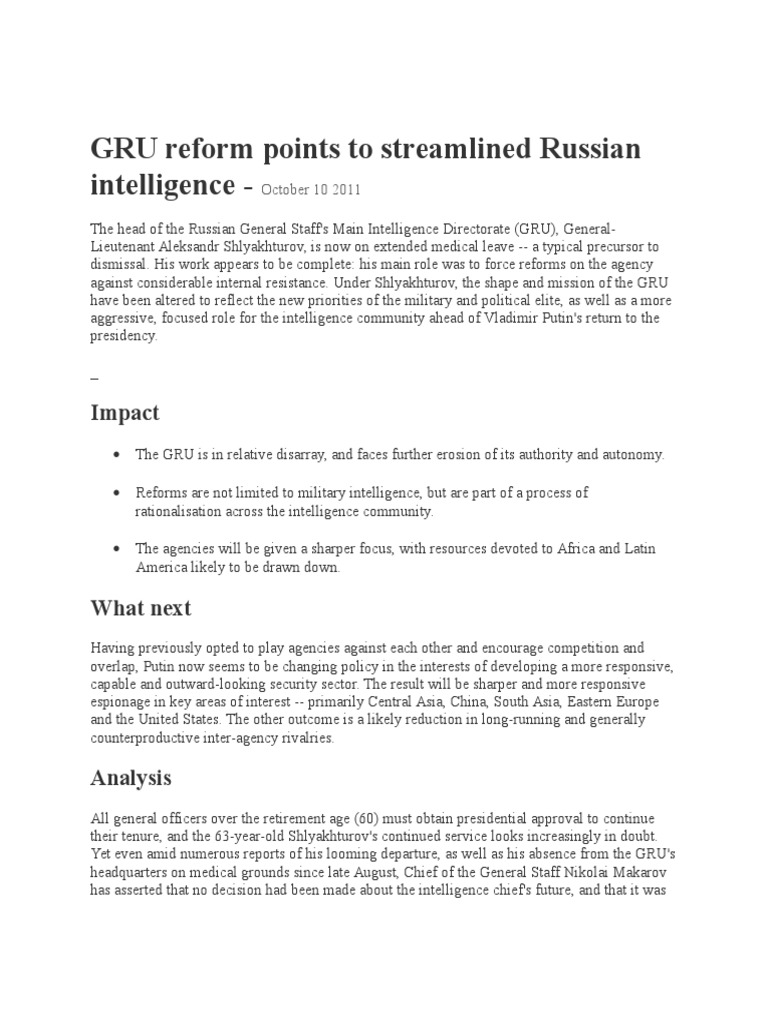 GRU Reforms: Streamlining Russian Intelligence | PDF | Foreign ...