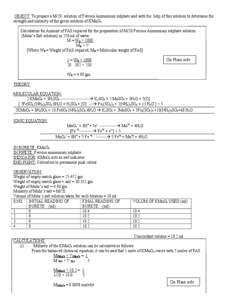 OBJECT: To Prepare A M/20 Solution of Ferrous Ammonium Sulphate and ...