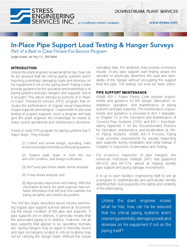 In-Place Pipe Support Load Testing & Hanger Surveys | PDF | Pipe (Fluid ...
