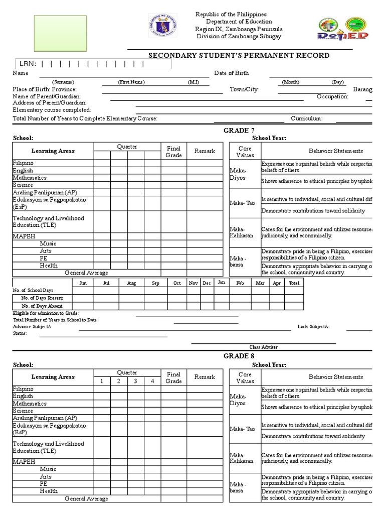 Secondary Student'S Permanent Record: School: School Year: Learning ...