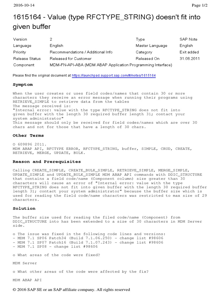 Sap Note 1615164 PDF | PDF