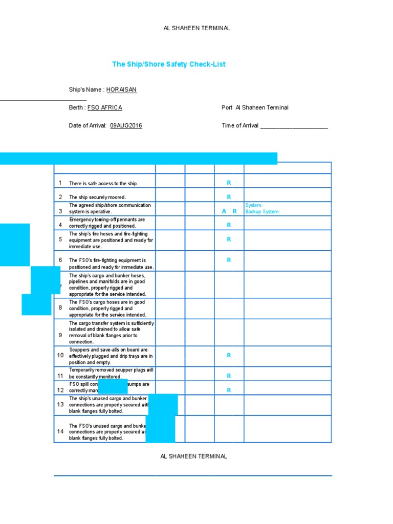 Ship Shore Checklist | Oil Tanker | Flashlight