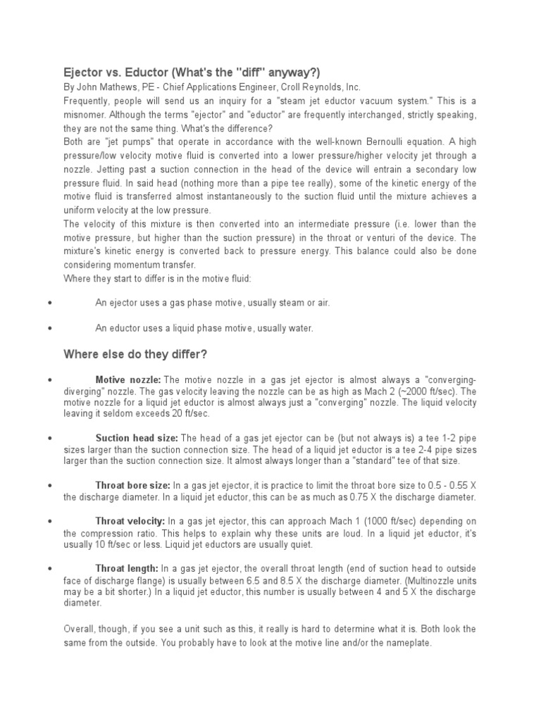 Ejector Vs Eductor | PDF | Nozzle | Jet Engine