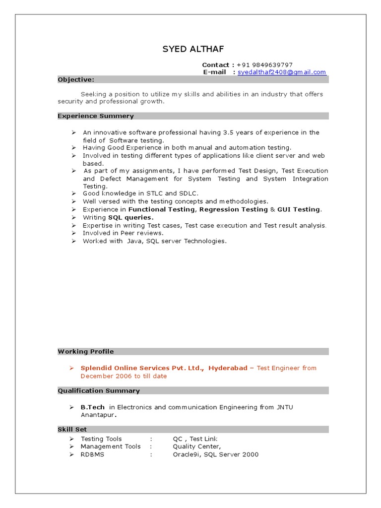 Syed Althaf: Contact: +91 9849639797 E-Mail: Objective | PDF ...