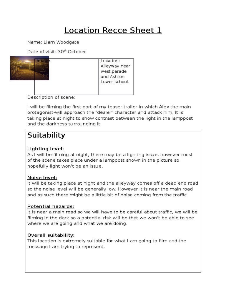 Location Recce Sheet 1 | PDF