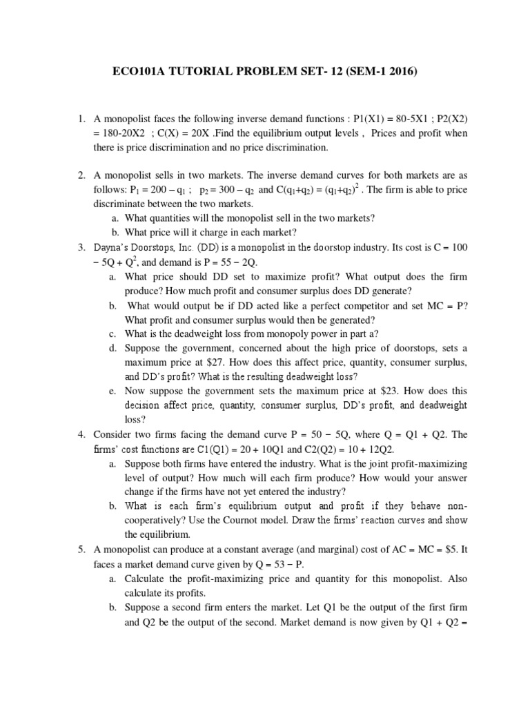 Eco101a Tutorial Problem Set 12 | PDF | Profit (Economics) | Monopoly
