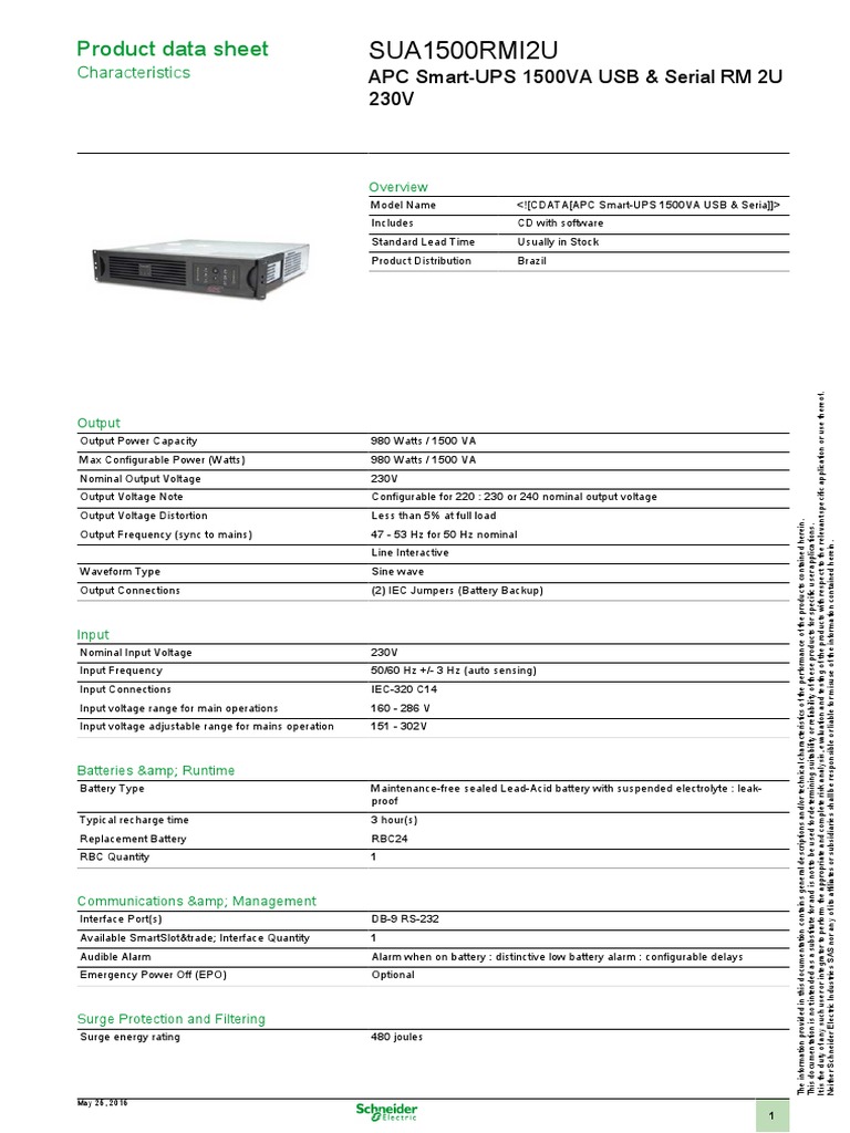 Cdata Apc Smart-Ups 1500va Usb Seria Sua1500rmi2u Apc | PDF | Battery (Electricity) | Mains ...