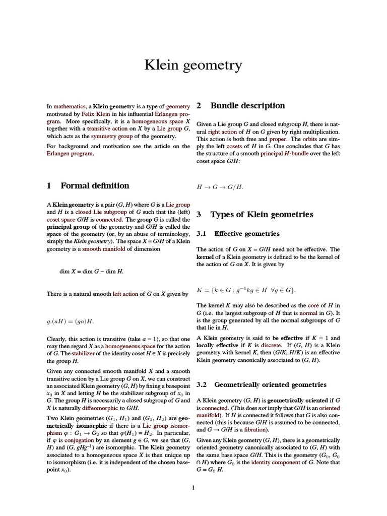 Klein geometry overview | PDF | Representation Theory | Group (Mathematics)