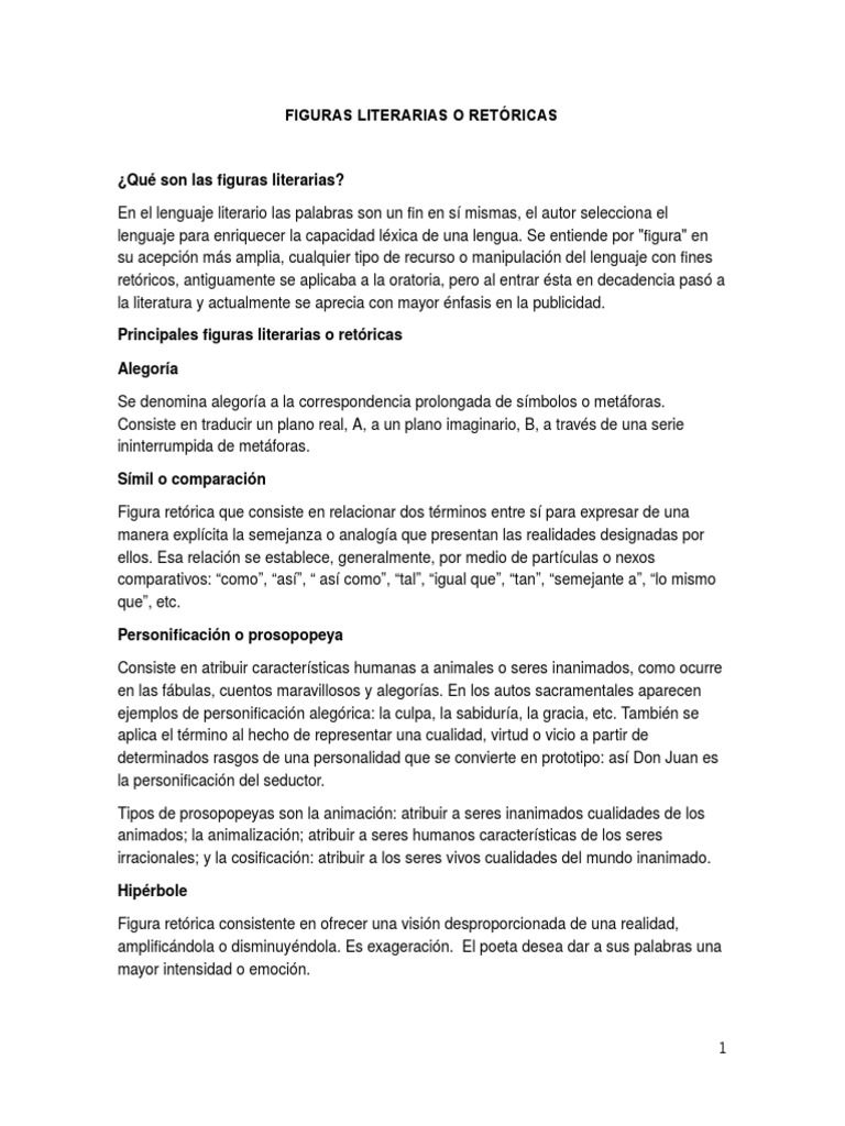 Resumen de Las Figuras Literarias o Retóricas y El Lenguaje Figurado ...