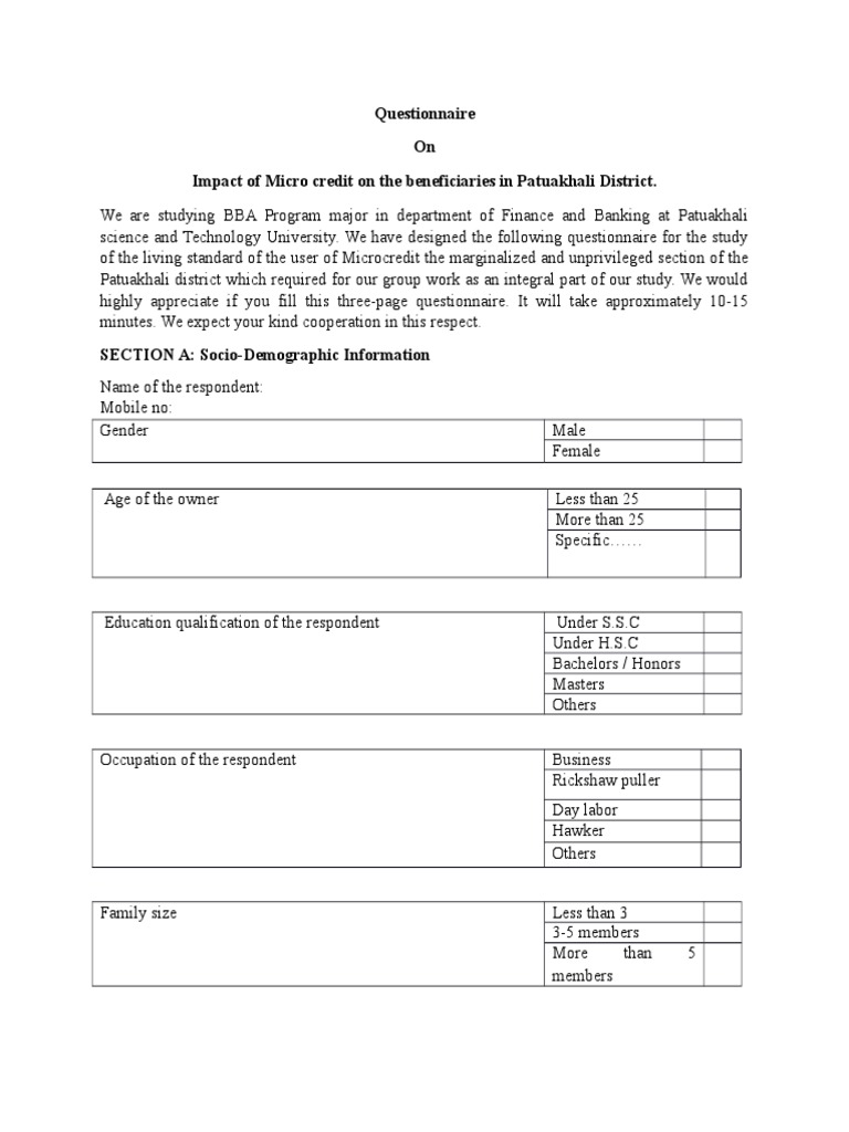 Questionnaire On Impact of Micro Credit On The Beneficiaries in ...