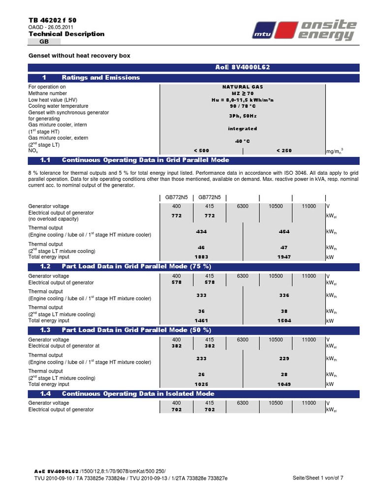 1 Aoe 8V4000L62 Ratings and Emissions: Technical Description TB 46202 F ...