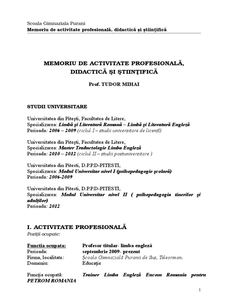 Model Memoriu de Activitate | PDF