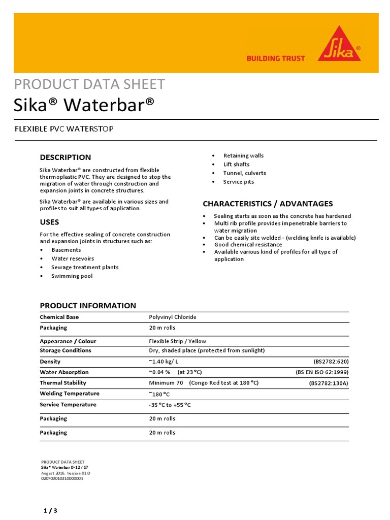 Sika® Waterbar®: Product Data Sheet | PDF | Polyvinyl Chloride | Concrete