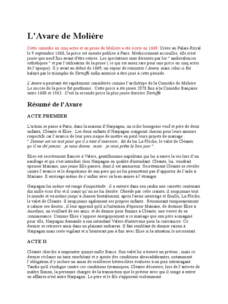 L'avare | PDF | Molière | Comédie