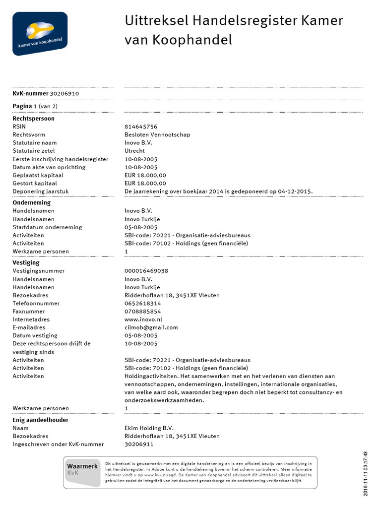 Dutch Business Registration For Inovo BV | PDF