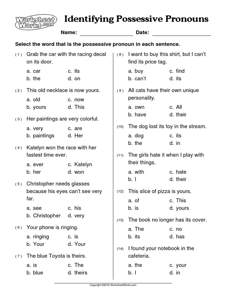 WorksheetWorks Identifying Possessive Pronouns 3 | PDF