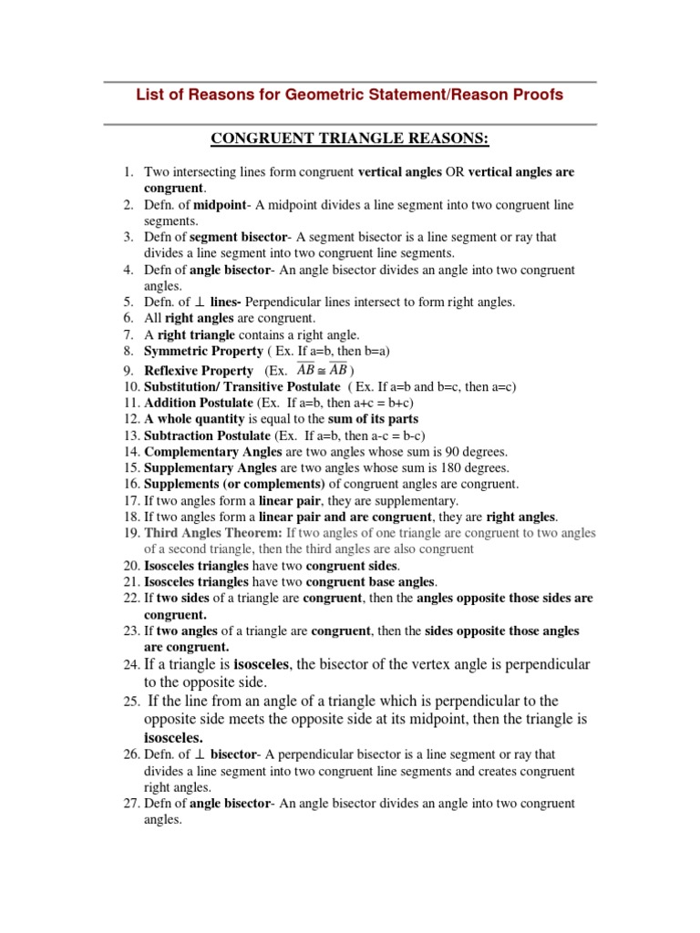 Geometric Proof Reasons List | PDF | Triangle | Perpendicular