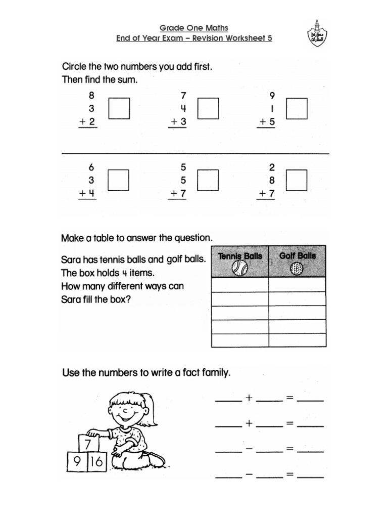 Grade 1 - End of Year Exam - Maths Revision Sheet 5