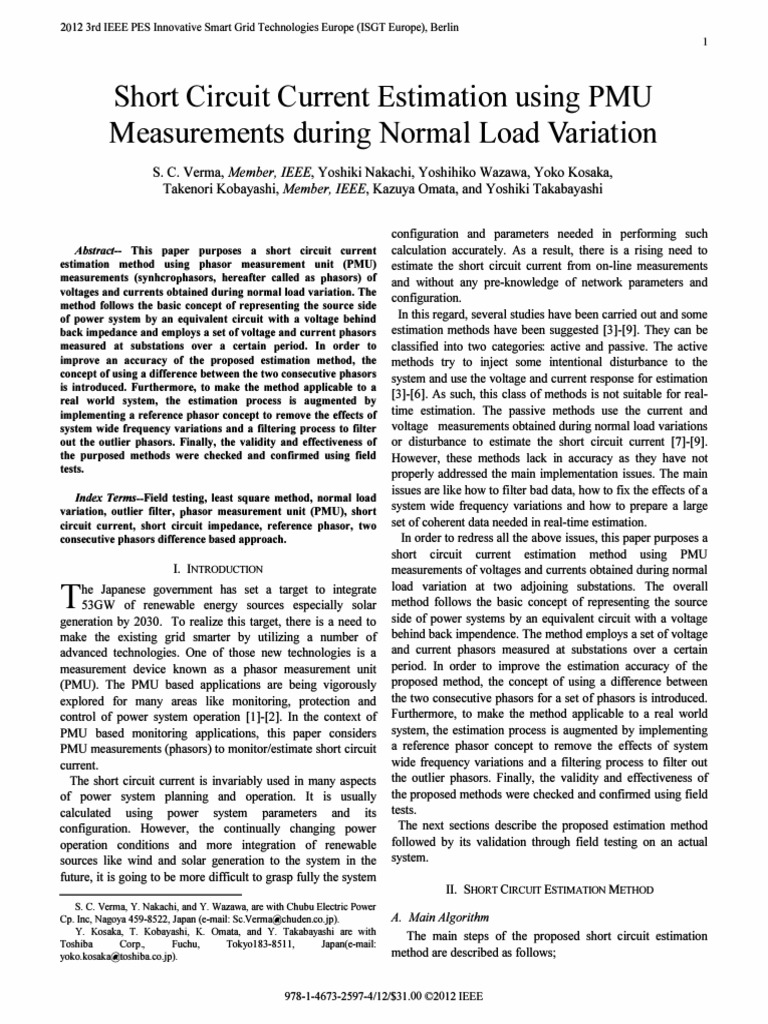 Short Circuit Current Estimation Using PMU Measurements During Normal Load Variation | PDF ...