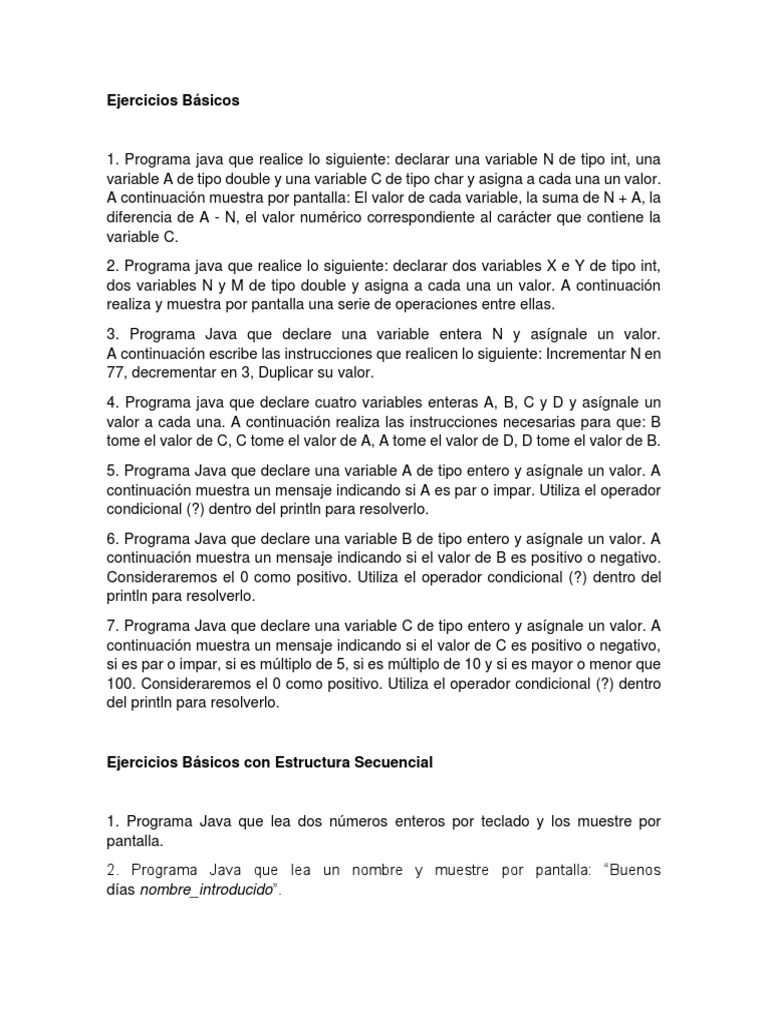 Ejercicios Básicos | PDF | Java (lenguaje de programación) | Entero