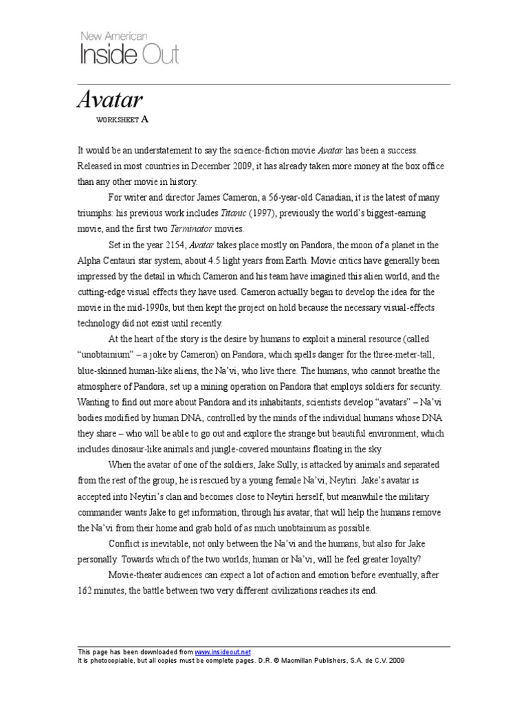 Avatar - Worksheet | PDF | Avatar (2009 Film)