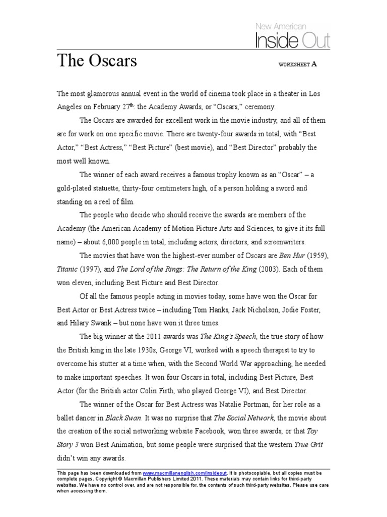 The Oscars - Worksheet | PDF | Academy Awards | Academy Of Motion ...