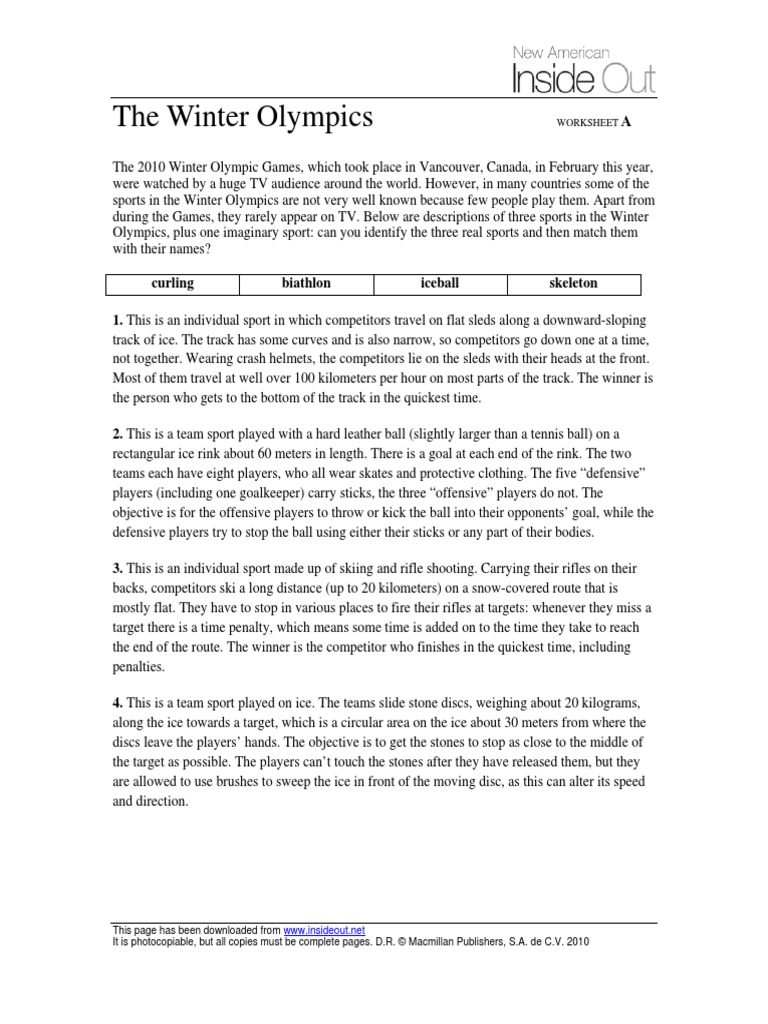 The Winter Olympics - Worksheet PDF | PDF | Winter Olympic Games | Sports