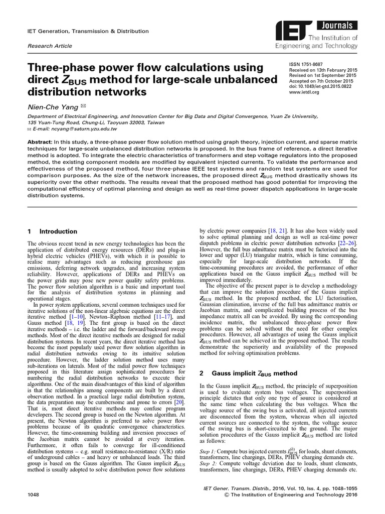 Three-Phase Power Flow Calculations Using Direct ZBUS Method For Large-Scale Unbalanced ...