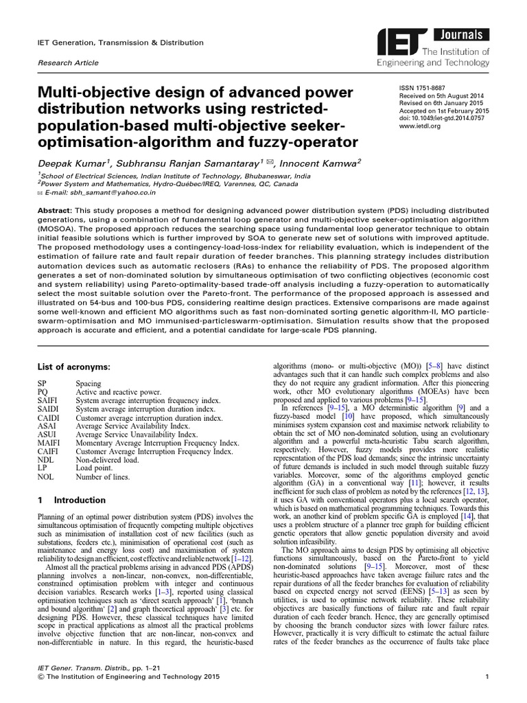 Multi-Objective Design of Advanced Power Distribution Networks Using Restrictedpopulation-Based ...