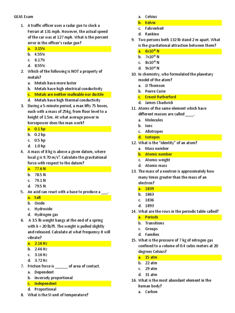 Analysis of a General Exam Sample Covering Topics in Physics, Chemistry ...