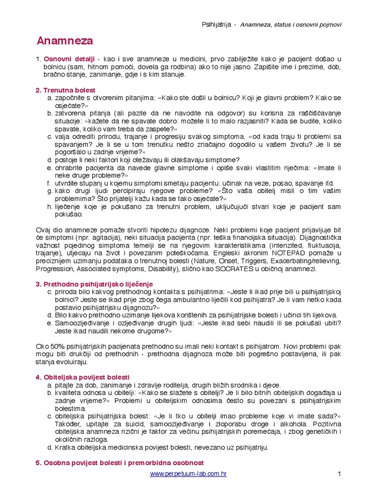 Psihijatrija - Anamneza, Status, Osnovni Pojmovi | PDF