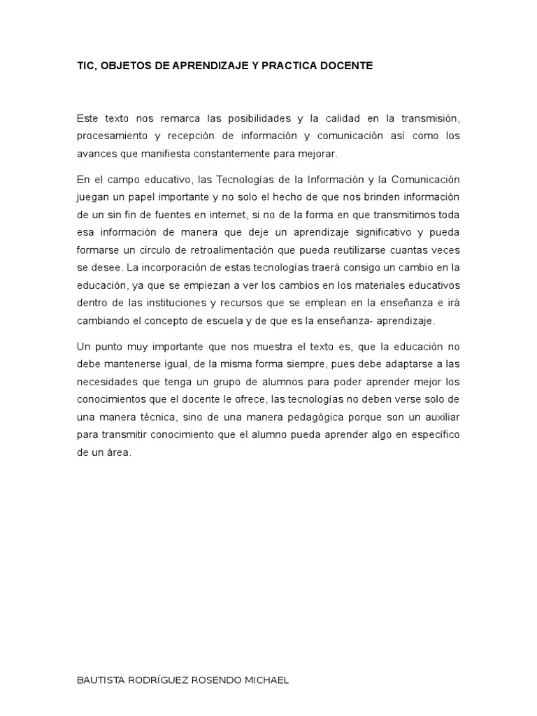 Tic, Objetos de Aprendizaje y Practica Docente-Bautista Rodriguez | PDF