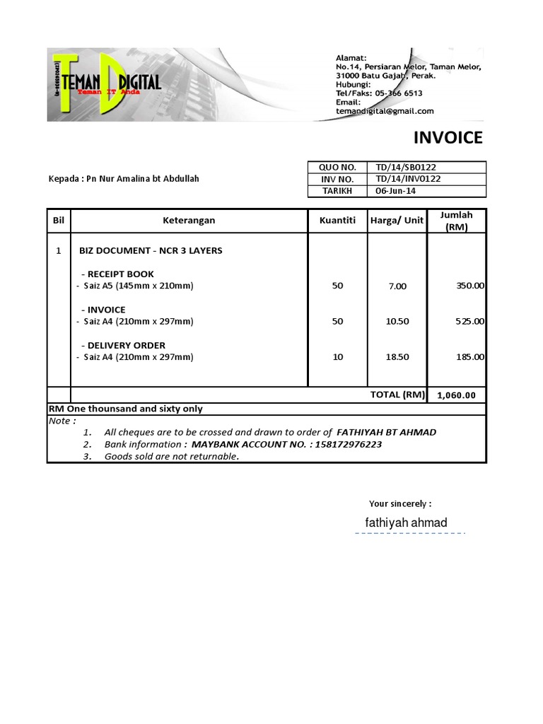 Contoh Invoice Pembayaran Projek | PDF