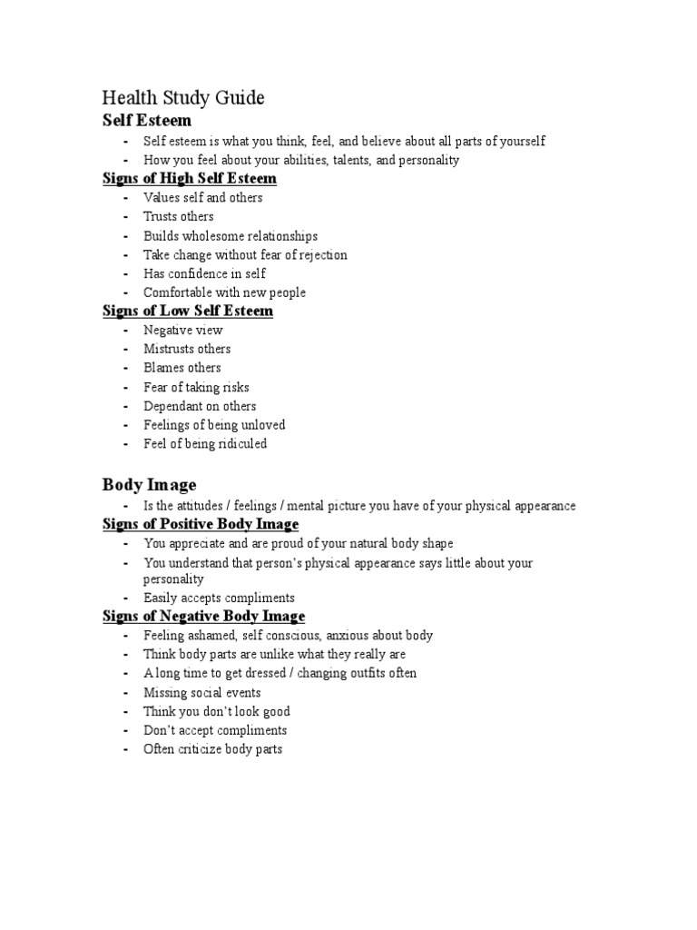 Health Study Guide: Self Esteem | PDF | Eating | Self Esteem