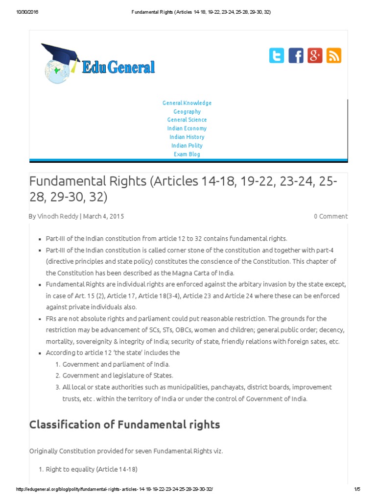 Fundamental Rights (Articles 14-18, 19-22, 23-24, 25-28, 29-30, 32 ...
