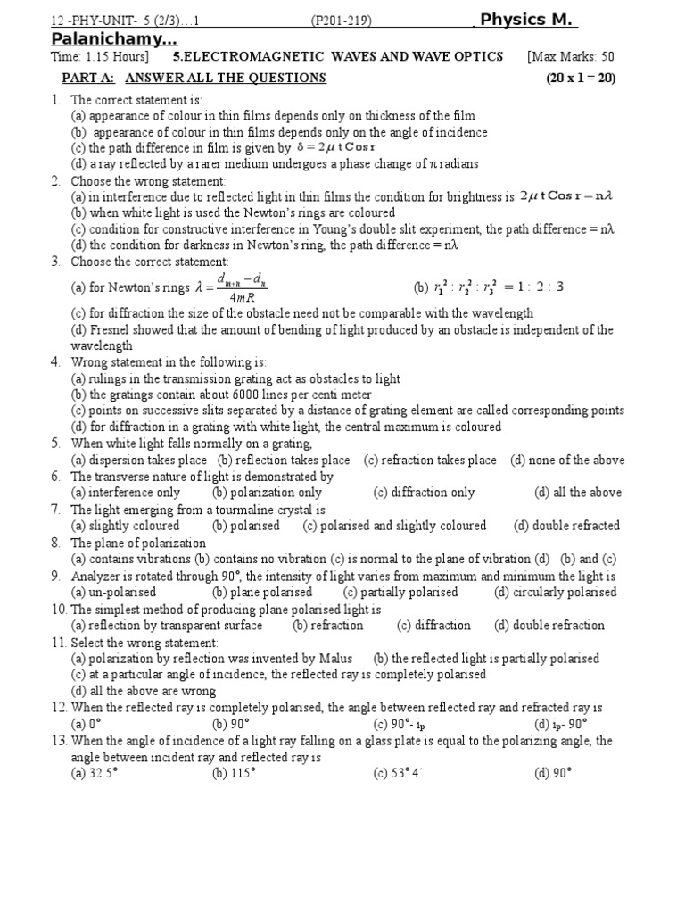 Part-A: Answer All The Questions (20 X 1 20) : MR D D | PDF | Polarization (Waves) | Diffraction